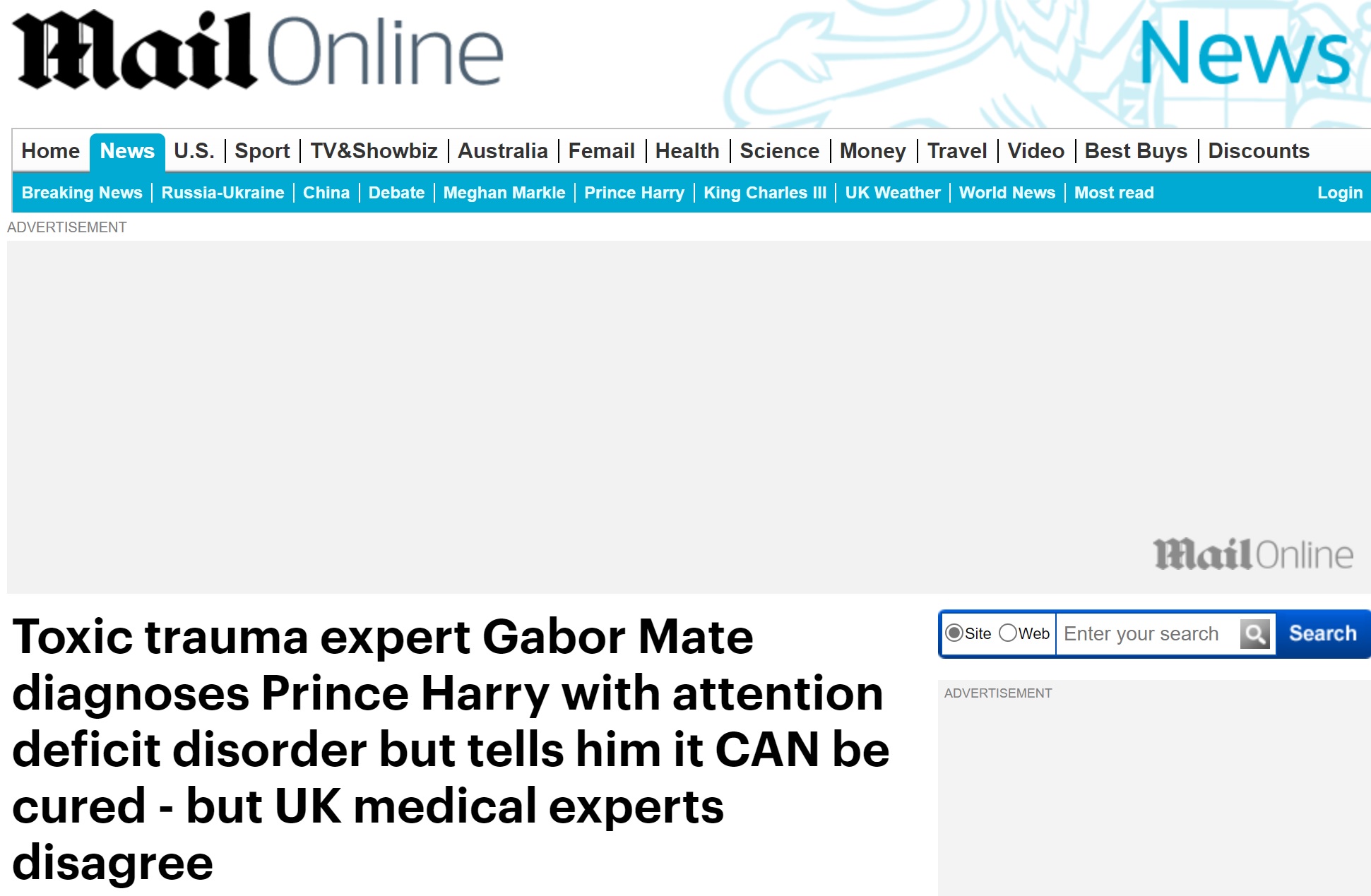 Daily Mail "Toxic trauma expert Gabor Mate diagnoses Prince Harry with attention deficit ...